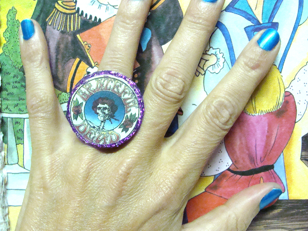 GRATEFUL DEAD LOGO Glitter Resin Ooak Psychedelic Ring on Luulla